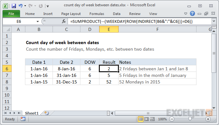 Count Day Of Week Between Dates Excel Formula Exceljet